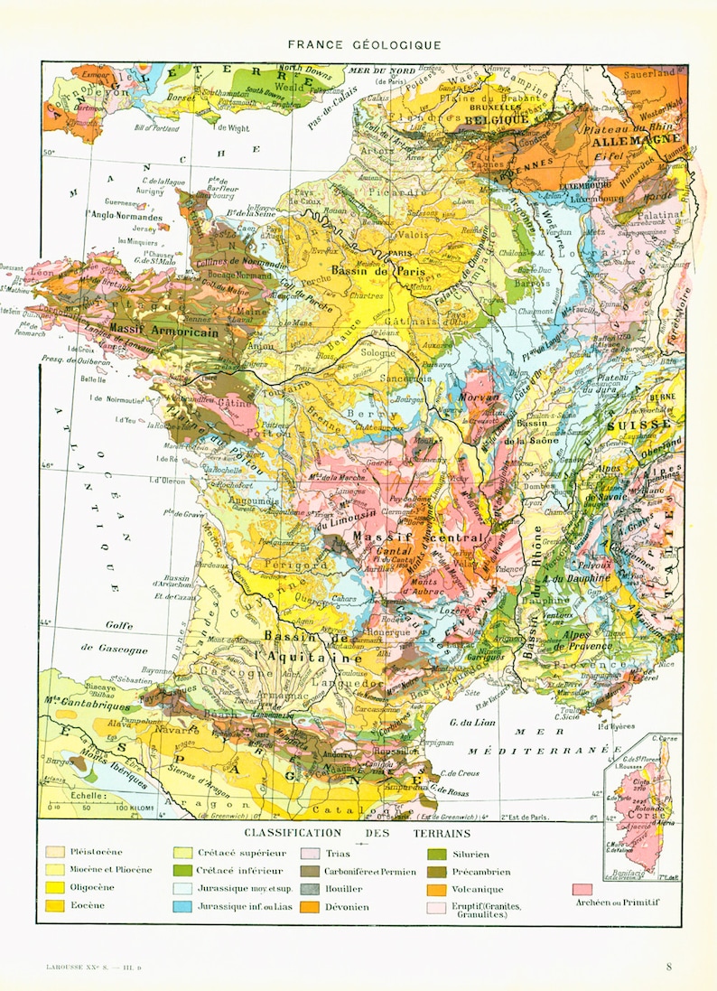 1933 Antique Geological Map of France. Encyclopedia Larousse. Home ...
