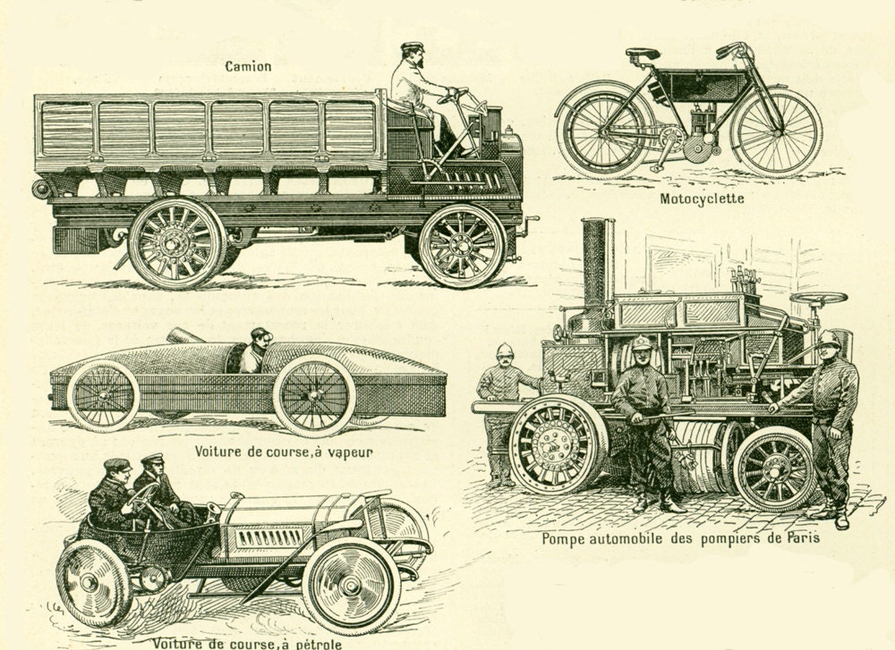 1897 Automobiles Vehicles Cars Antique Large Size Illustration Original ...
