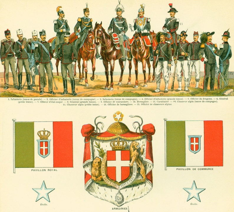 1897 Italia Italian Uniforms and Flags, Italian Army and Map, Antique ...