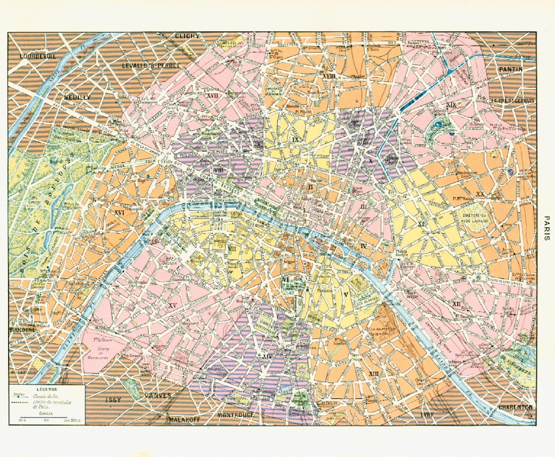 1933 Antique Paris Map, Districts of Paris, Souvenir of France ...