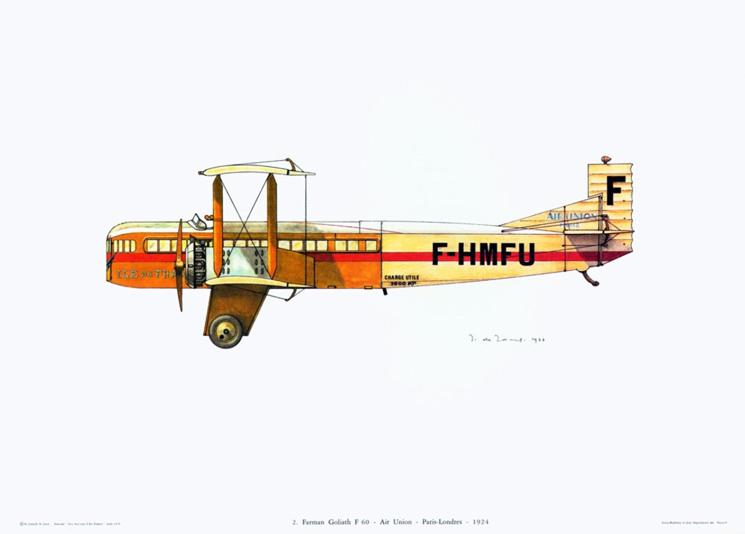 1970 Avion Farman Goliath F60 Avion Ancien Poster Affiche Illustration ...