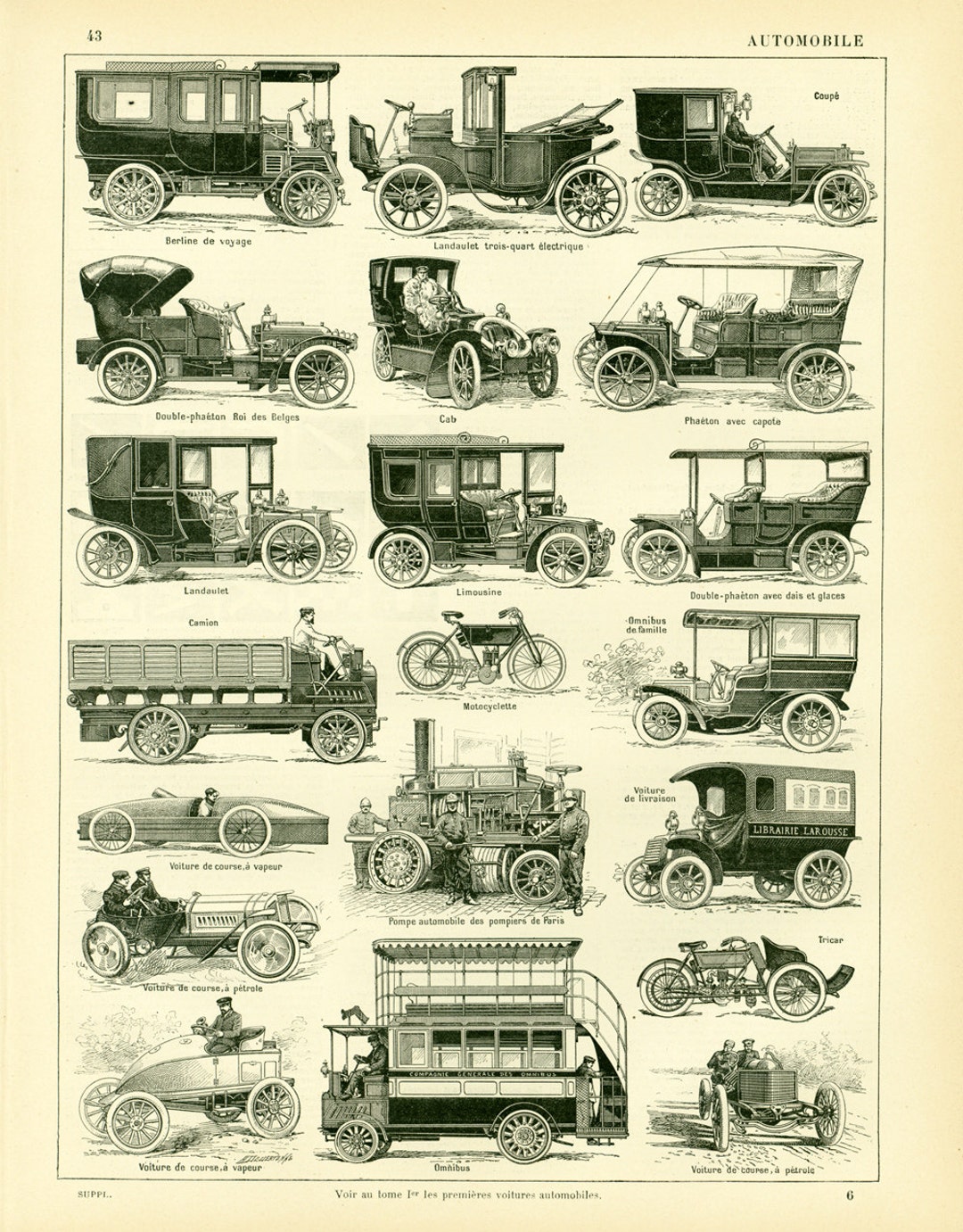 1897 Automobiles Vehicles Cars Antique Large Size Illustration Original ...