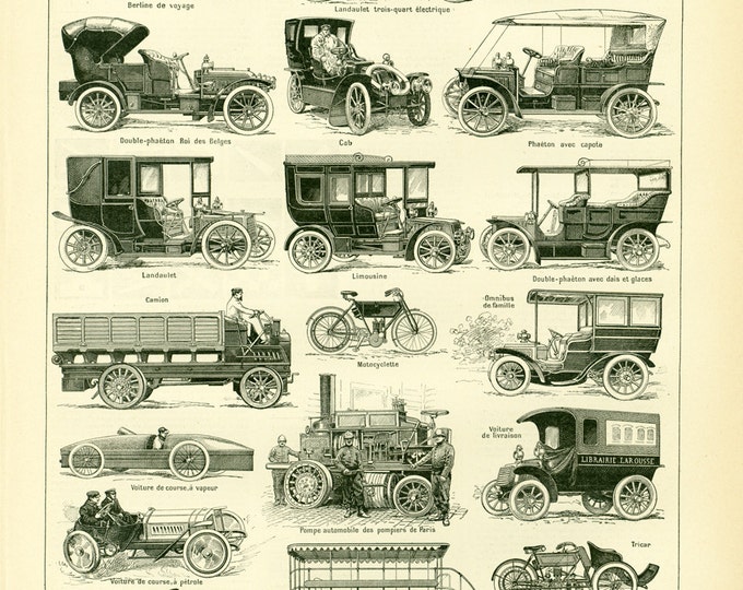 1897 Automobiles Vehicles Cars Antique Large Size Illustration Original ...