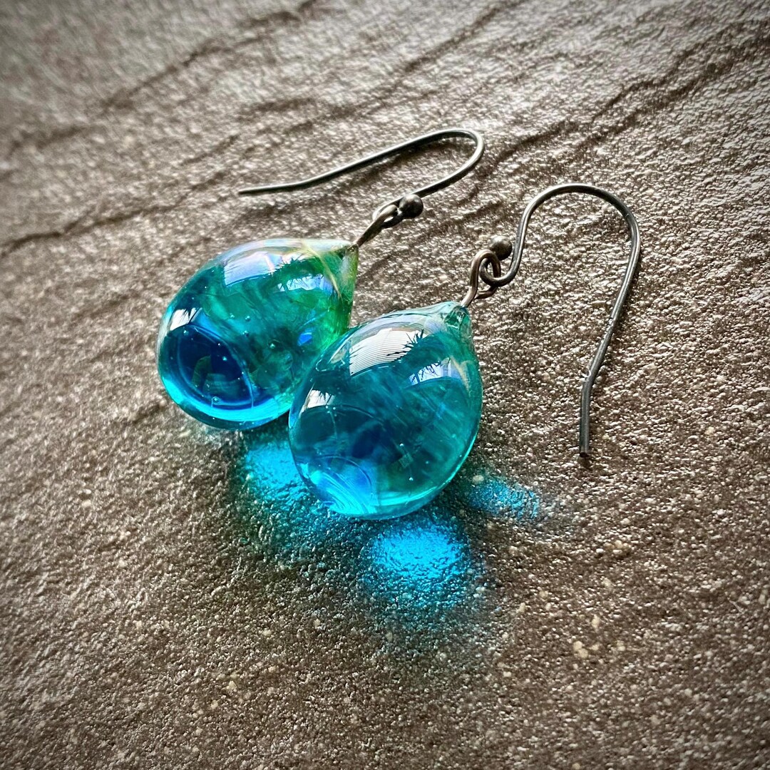 Irridescent Turquoise Glass Drop Earrings. Lampwork Blue Green Drops ...