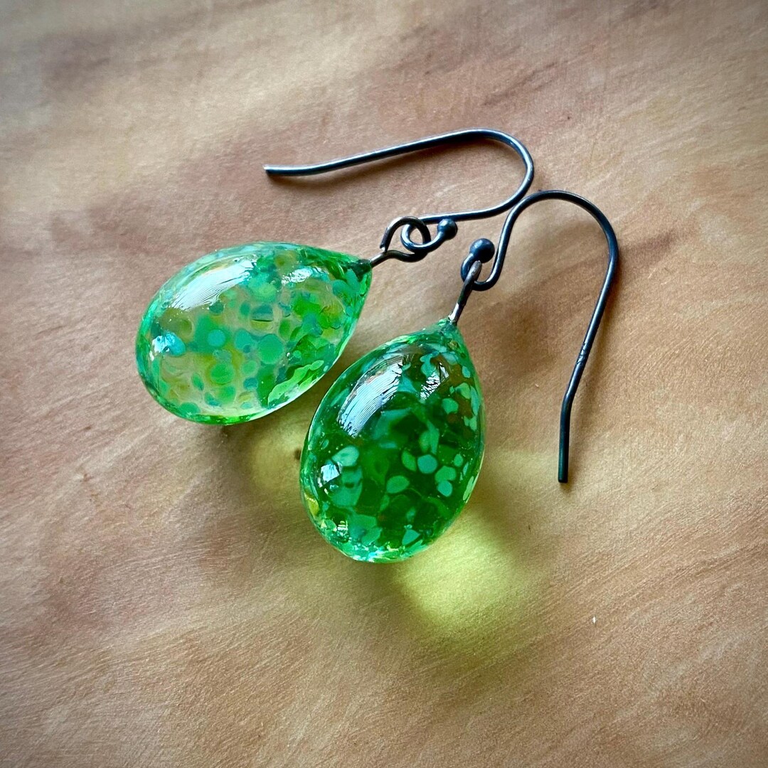 Glass Drop Earrings, Pale Green Glass Drops, Lampwork Droplet Earrings ...