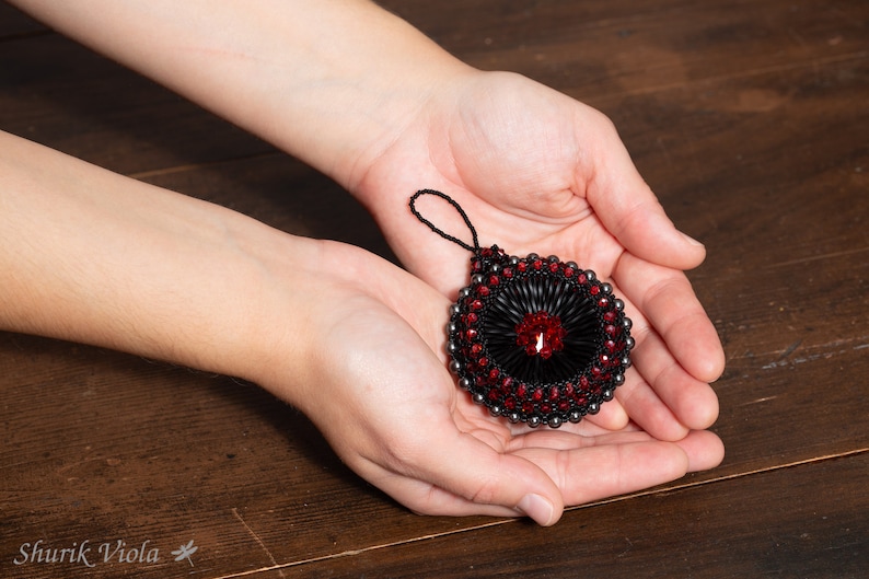 Red and Black Seed Beaded and Crystal Christmas Ball in Vintage Style ...