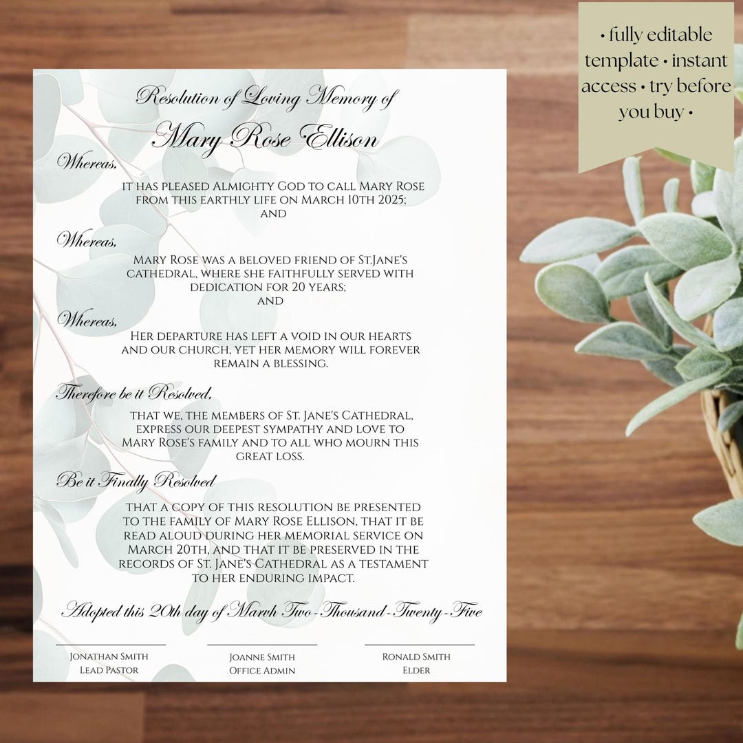 Editable Funeral Resolution Letter Template | Memorial Tribute to ...