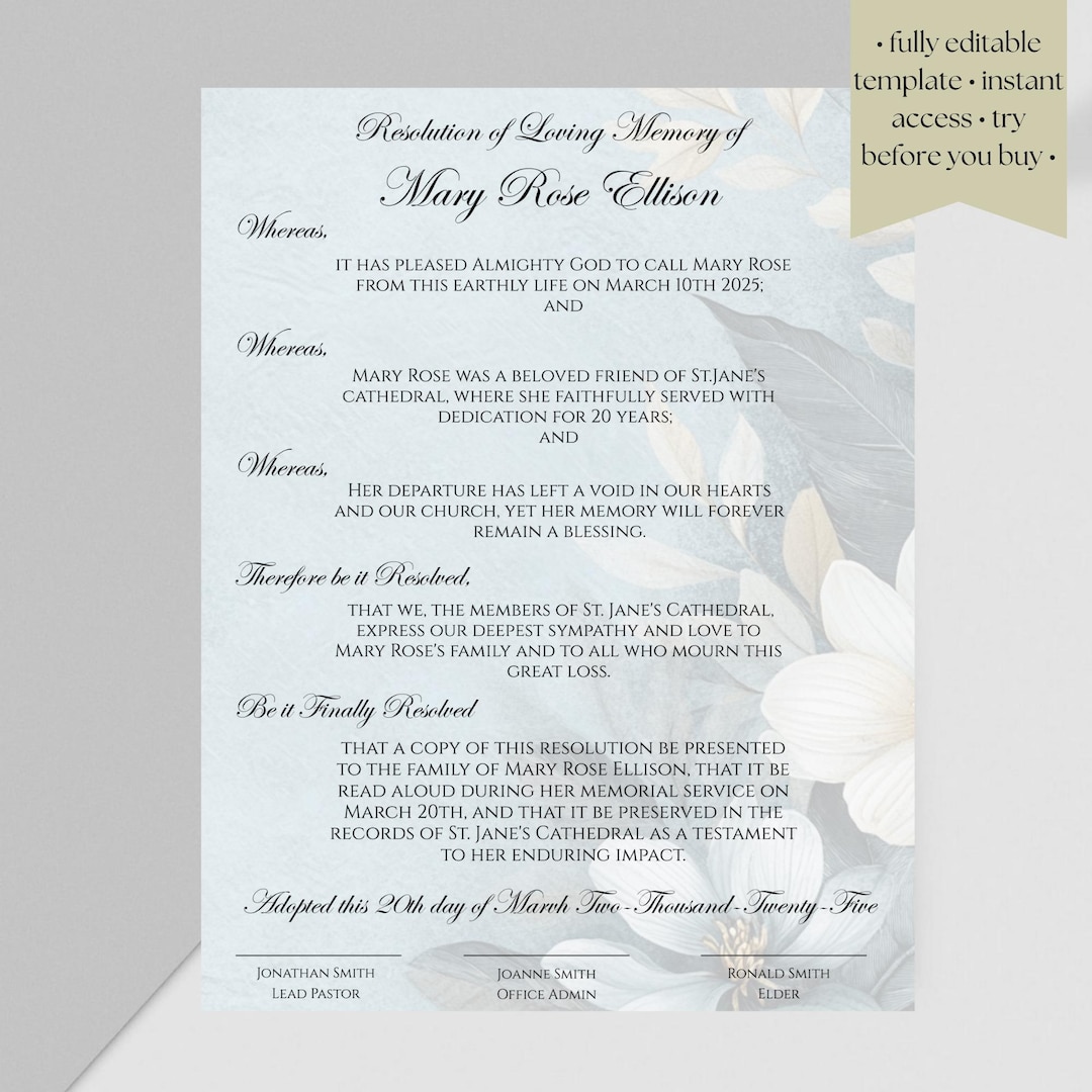 Editable Funeral Resolution Letter Template | Memorial Tribute to ...
