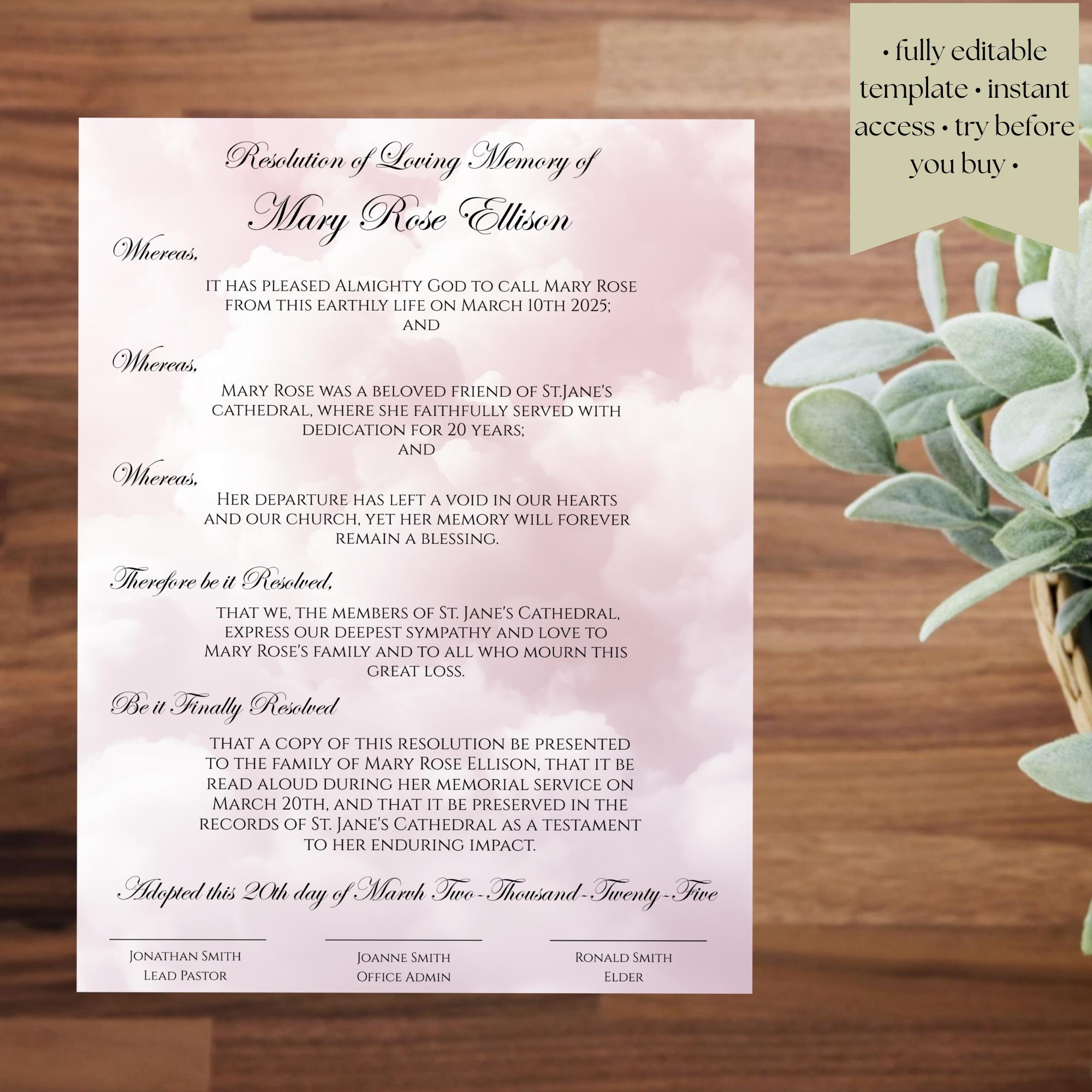 Editable Funeral Resolution Letter Template | Memorial Tribute to ...