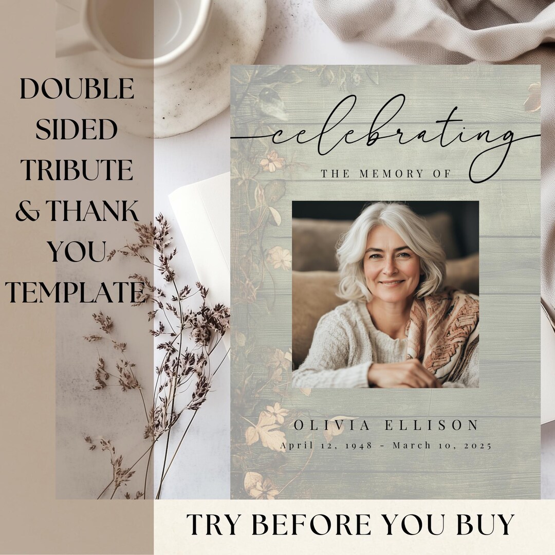 Editable Funeral Double-sided Tribute Design Template | Sage Rustic ...