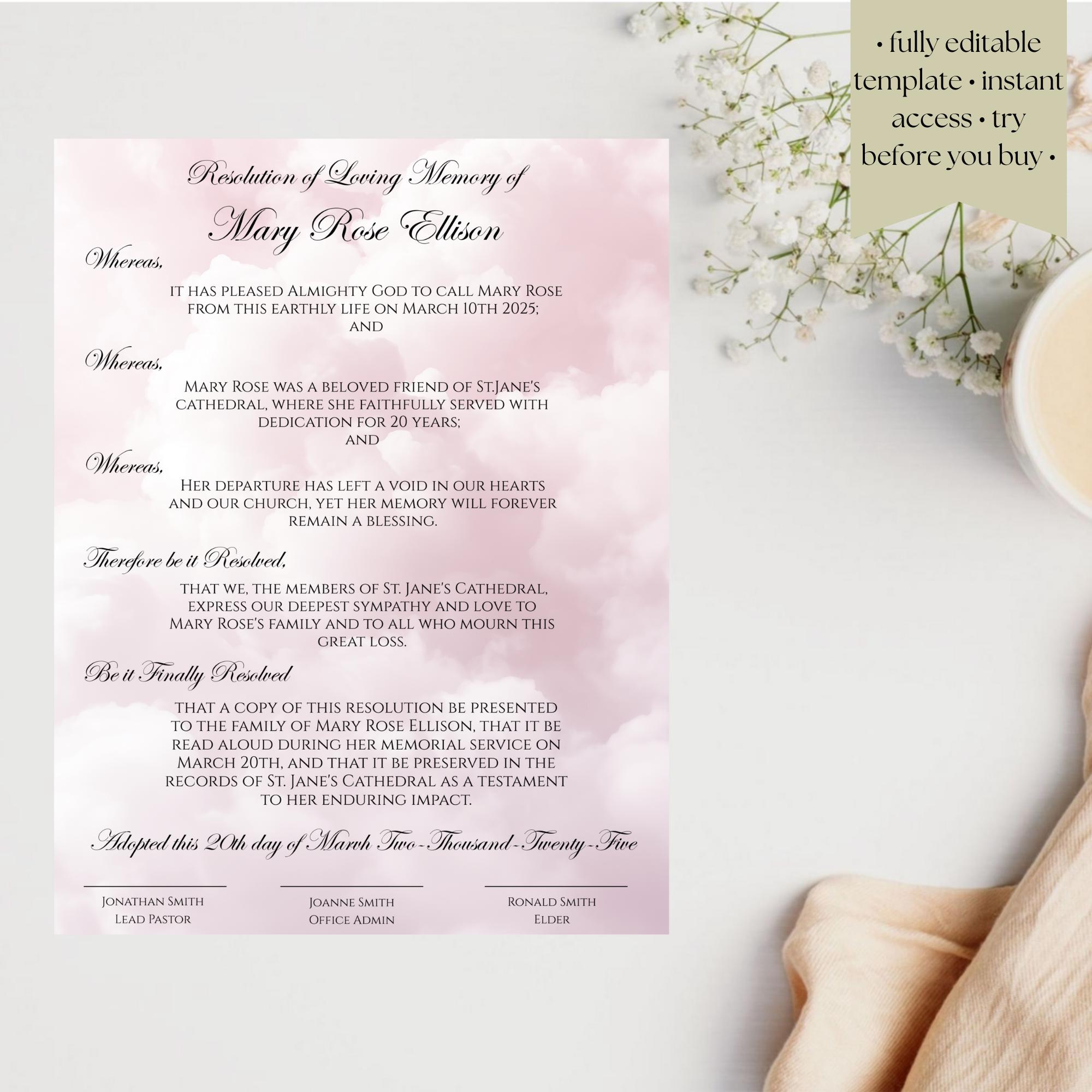 Editable Funeral Resolution Letter Template | Memorial Tribute to ...