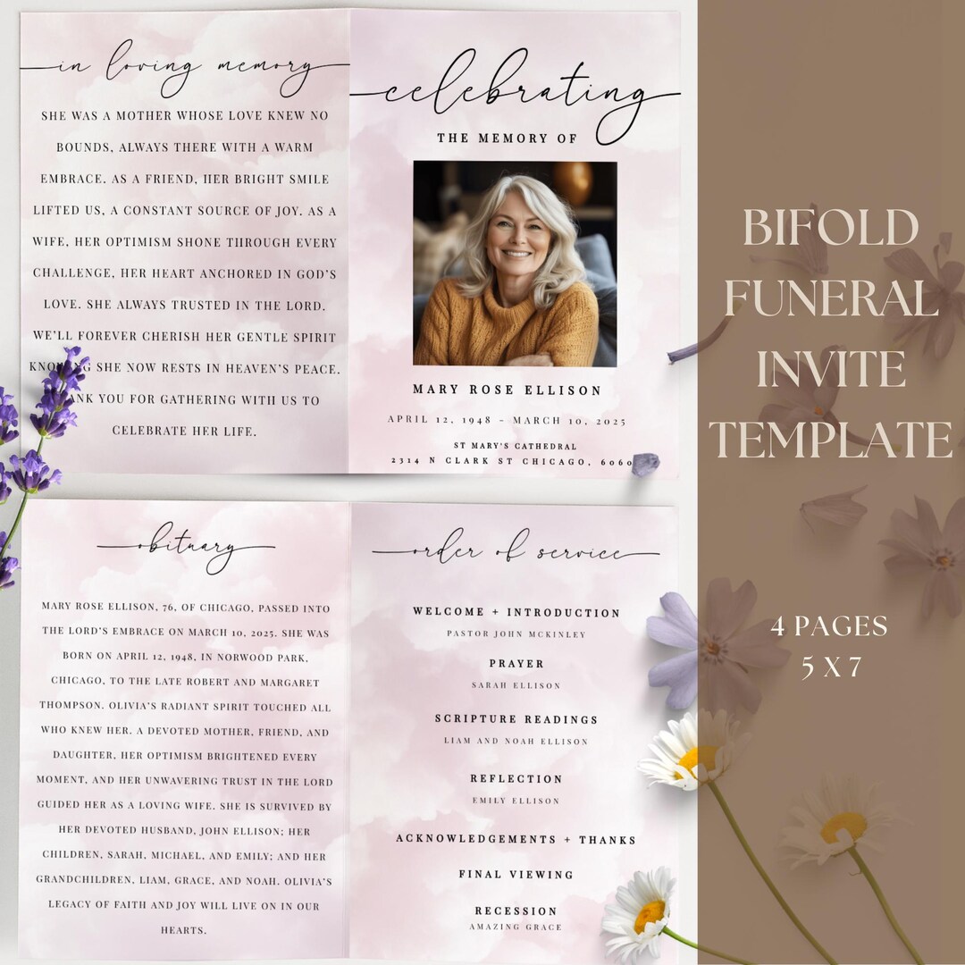 Editable Funeral Bi-fold Program Template | Blush Heavenly Obituary ...
