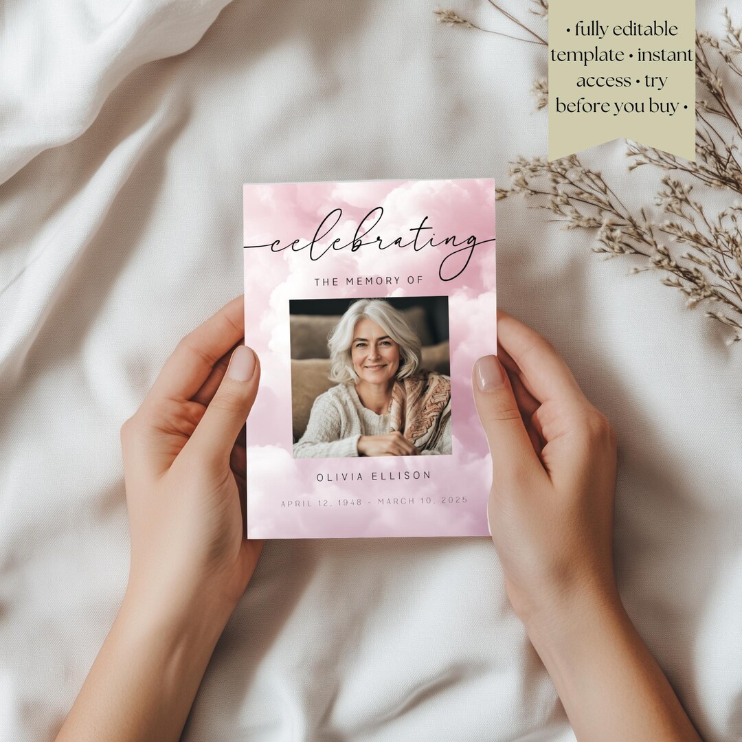 Editable Funeral Double-sided Program Design Template | Blush Heaven Announcement & Thank You ...