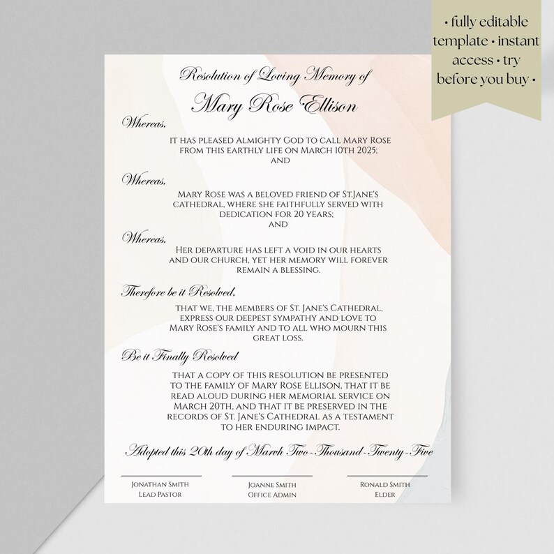 Editable Funeral Resolution Letter Template | Memorial Tribute to ...