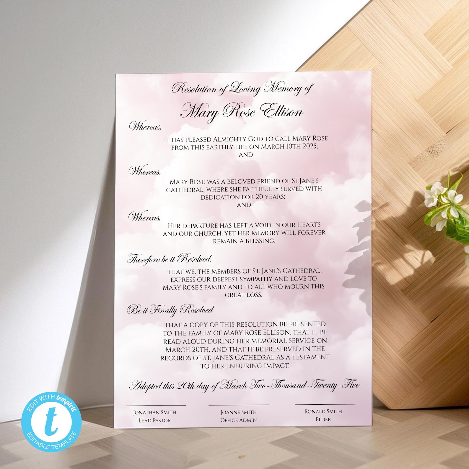 Editable Funeral Resolution Letter Template | Memorial Tribute to ...