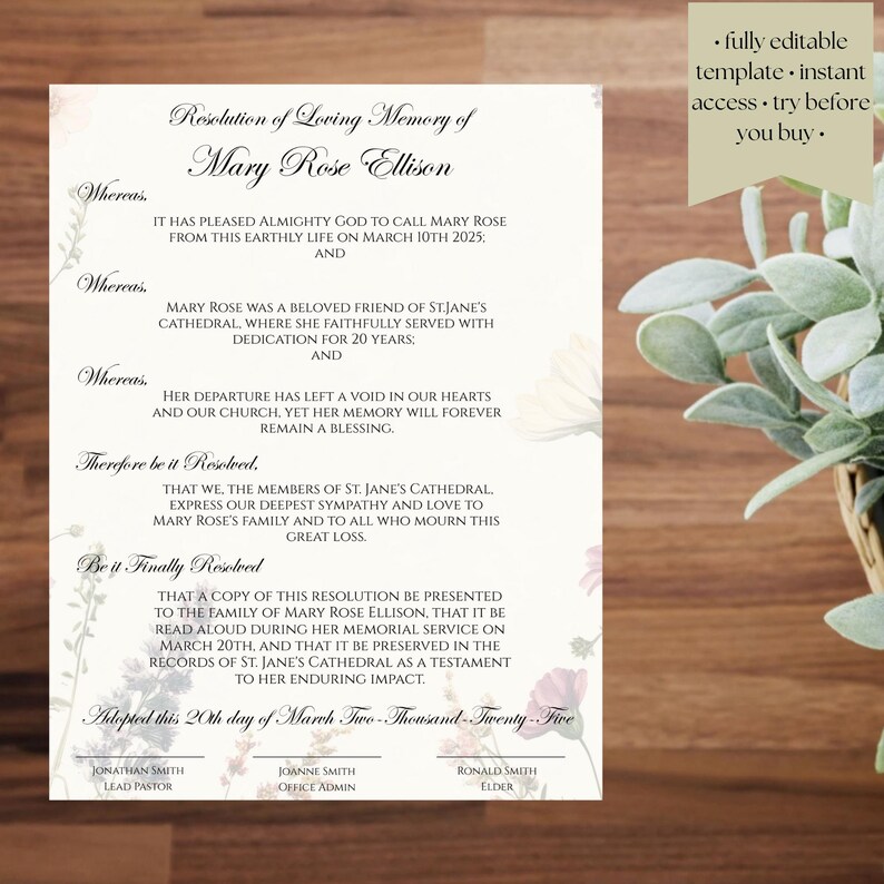 Editable Funeral Resolution Letter Template | Memorial Tribute to ...