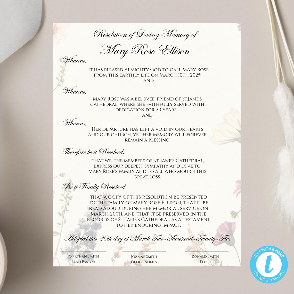 Editable Funeral Resolution Letter Template | Memorial Tribute to ...