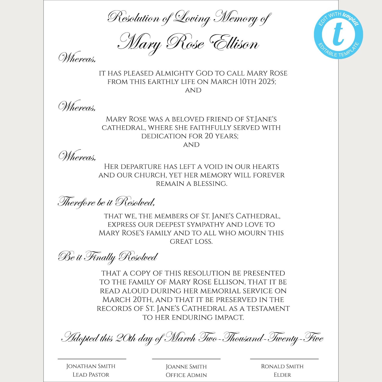 Editable Funeral Resolution Letter Template | Memorial Tribute to ...