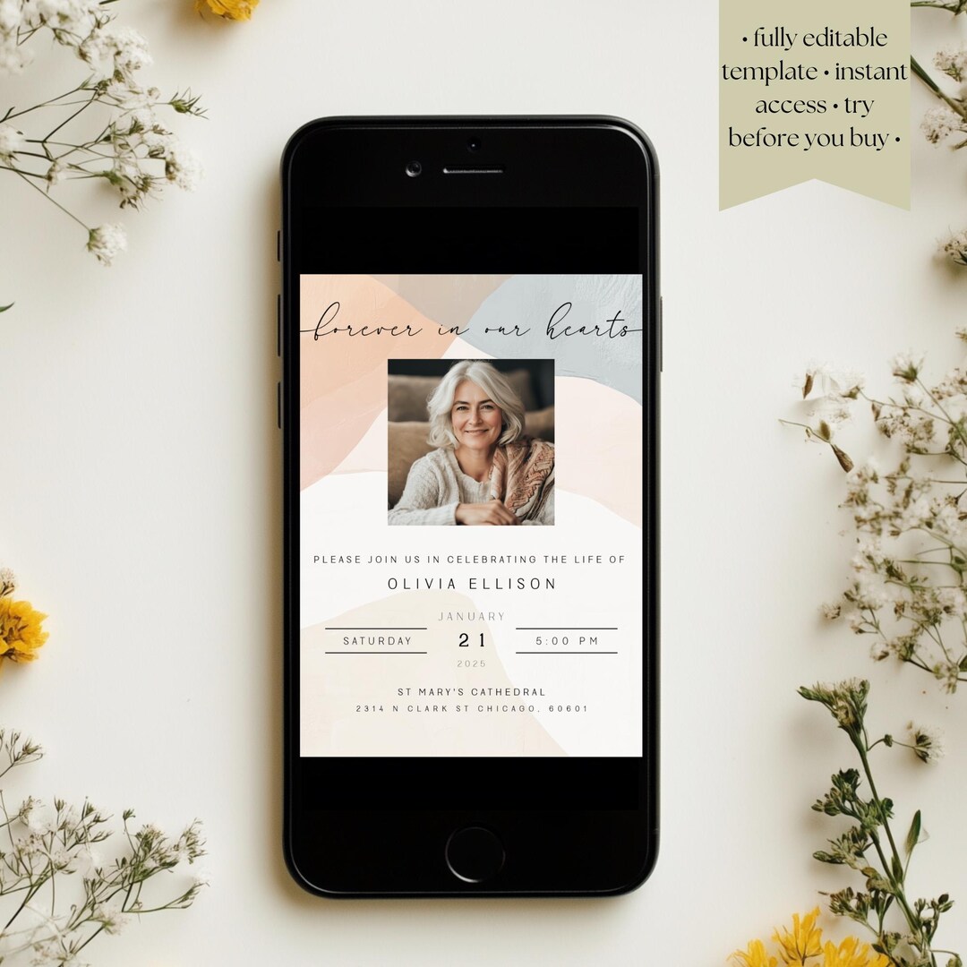 Modern Editable Funeral Evite Template Memorial Service DIY Funeral ...