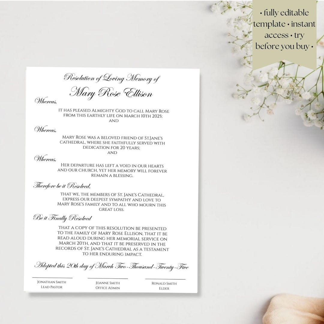Editable Funeral Resolution Letter Template | Memorial Tribute to ...