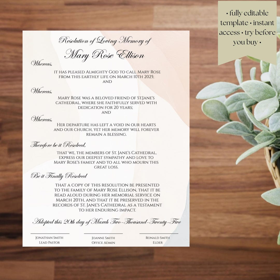Editable Funeral Resolution Letter Template | Memorial Tribute to ...