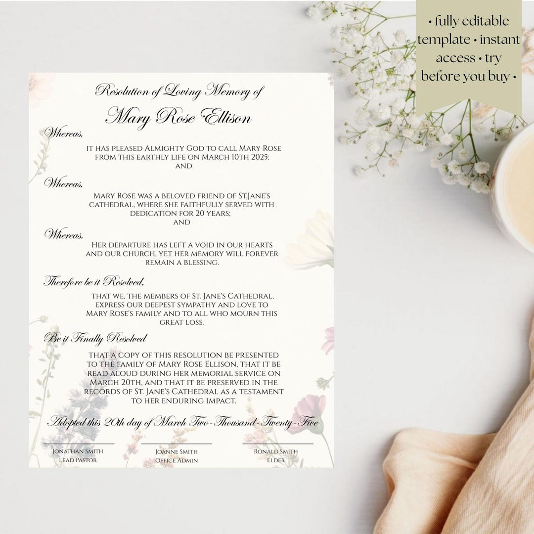 Editable Funeral Resolution Letter Template | Memorial Tribute to ...