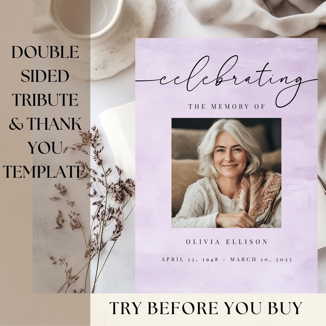 Editable Funeral Double-sided Tribute Design Template | Lilac Purple ...