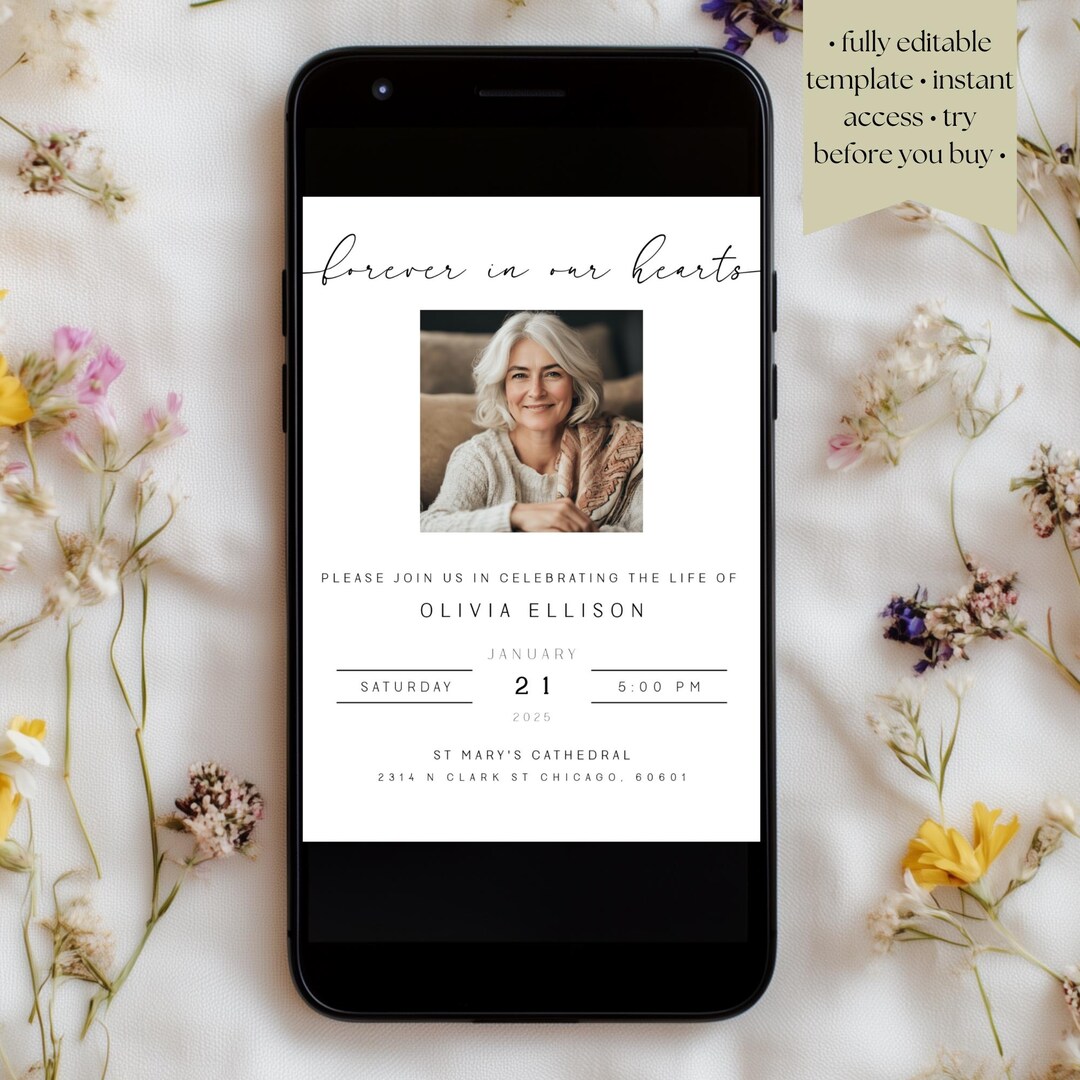 Editable Funeral Evite Template Minimalist Memorial Service DIY Funeral ...