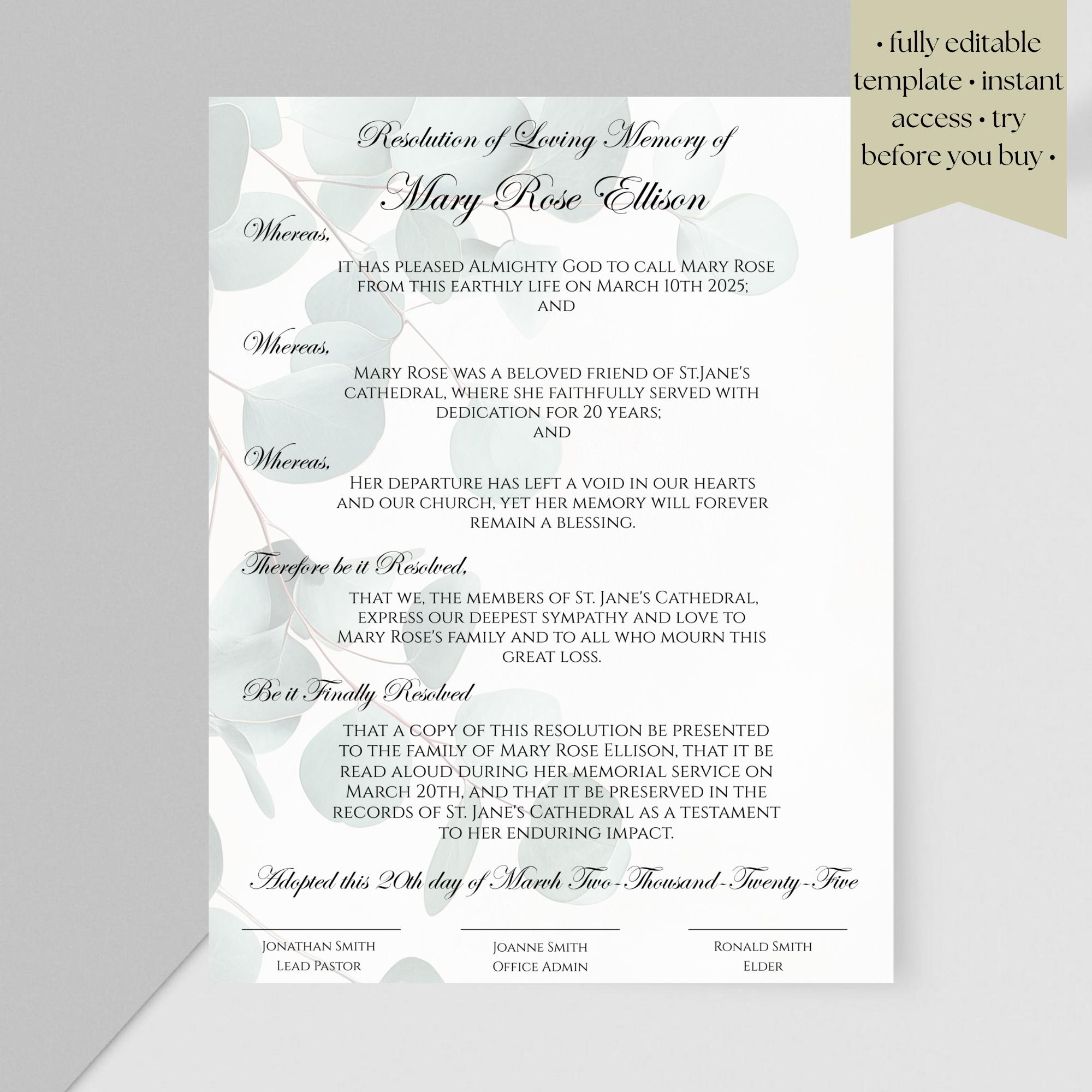 Editable Funeral Resolution Letter Template | Memorial Tribute to ...