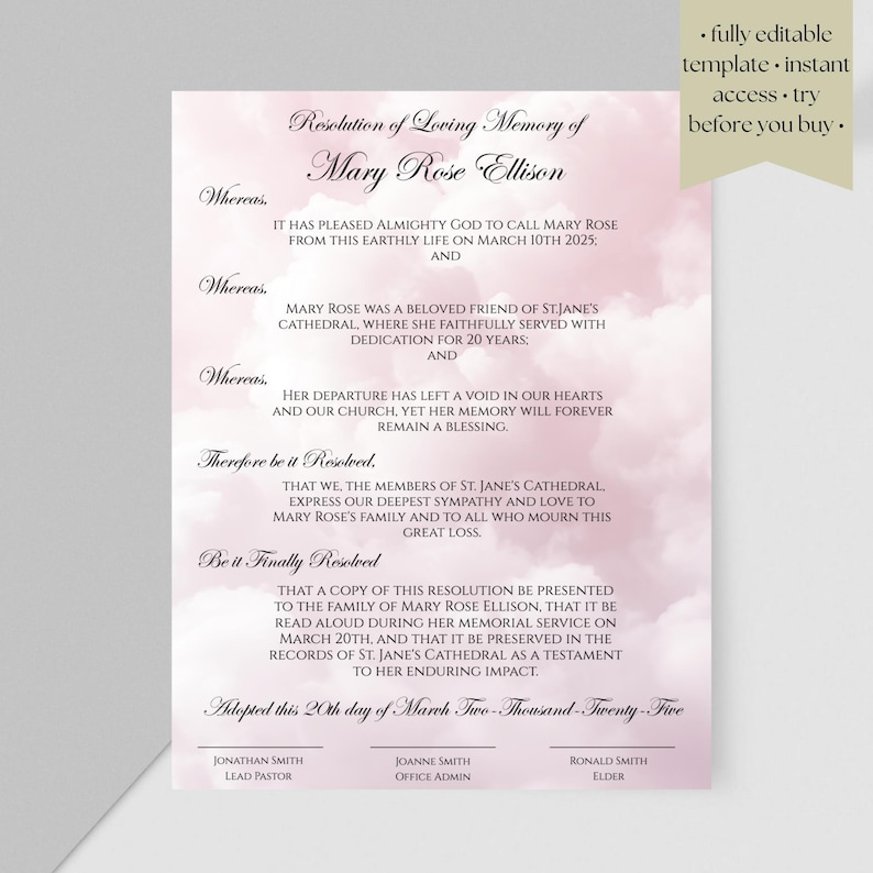 Editable Funeral Resolution Letter Template | Memorial Tribute to ...