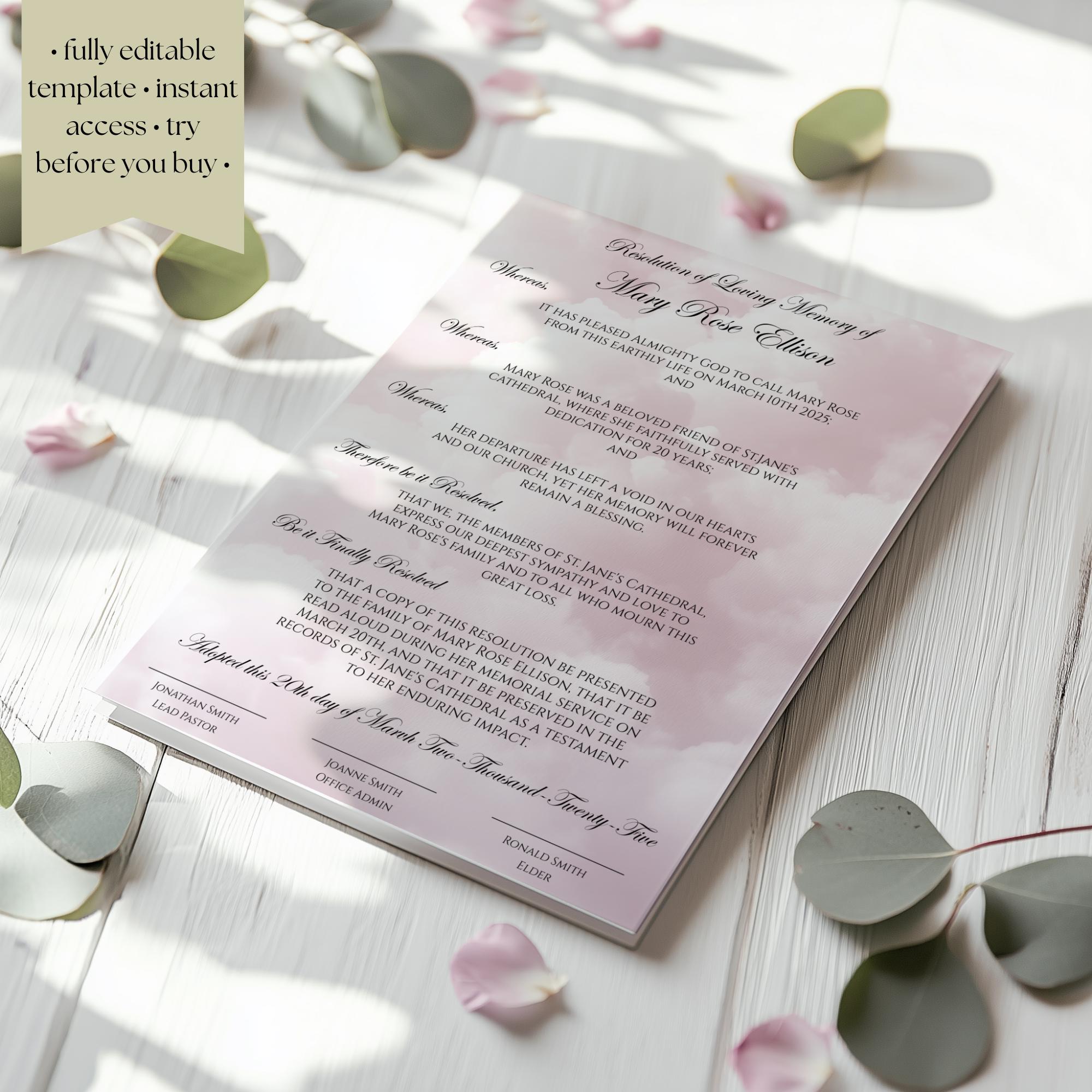 Editable Funeral Resolution Letter Template | Memorial Tribute to ...