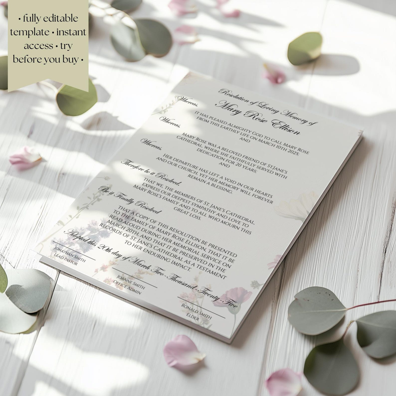 Editable Funeral Resolution Letter Template | Memorial Tribute to ...