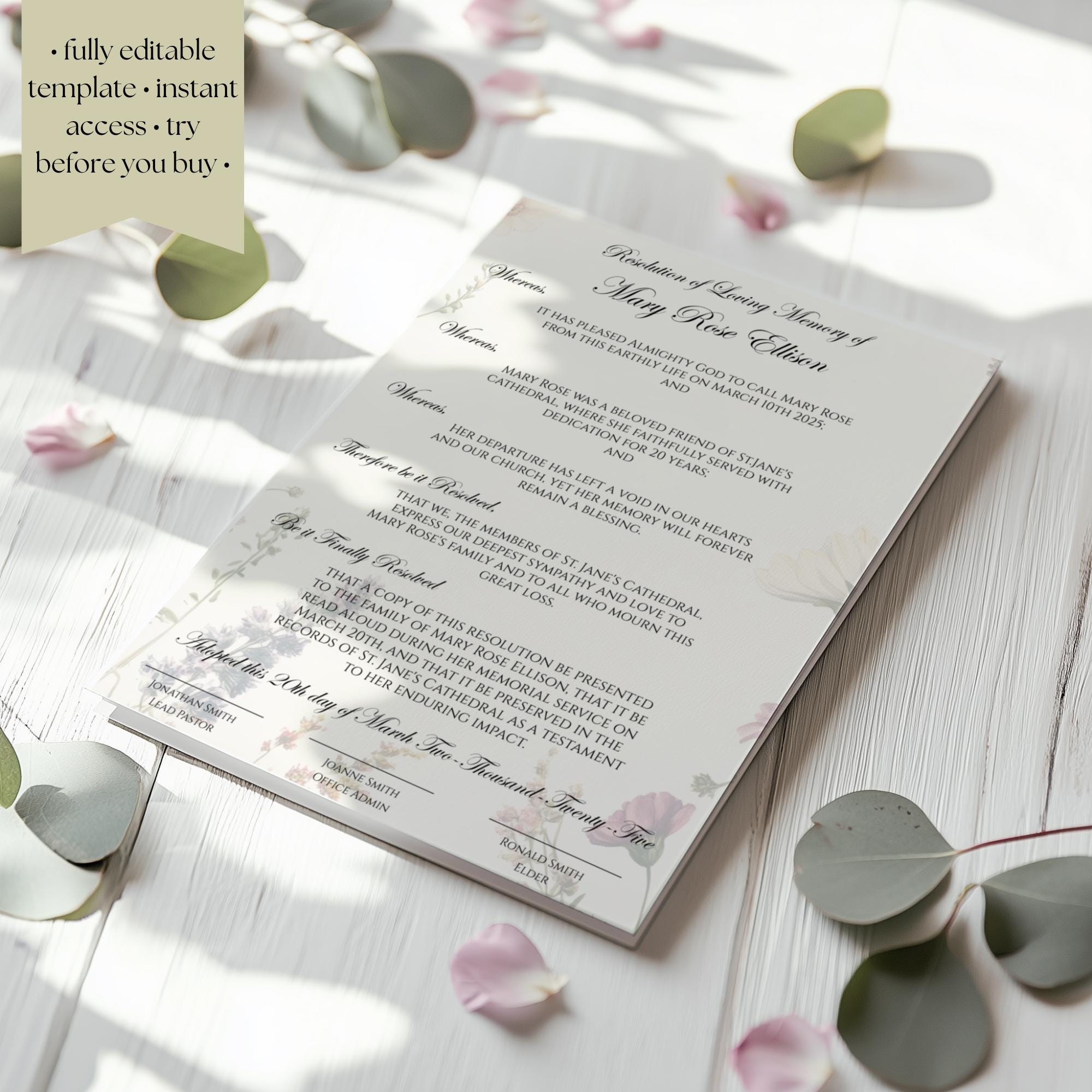 Editable Funeral Resolution Letter Template | Memorial Tribute to ...