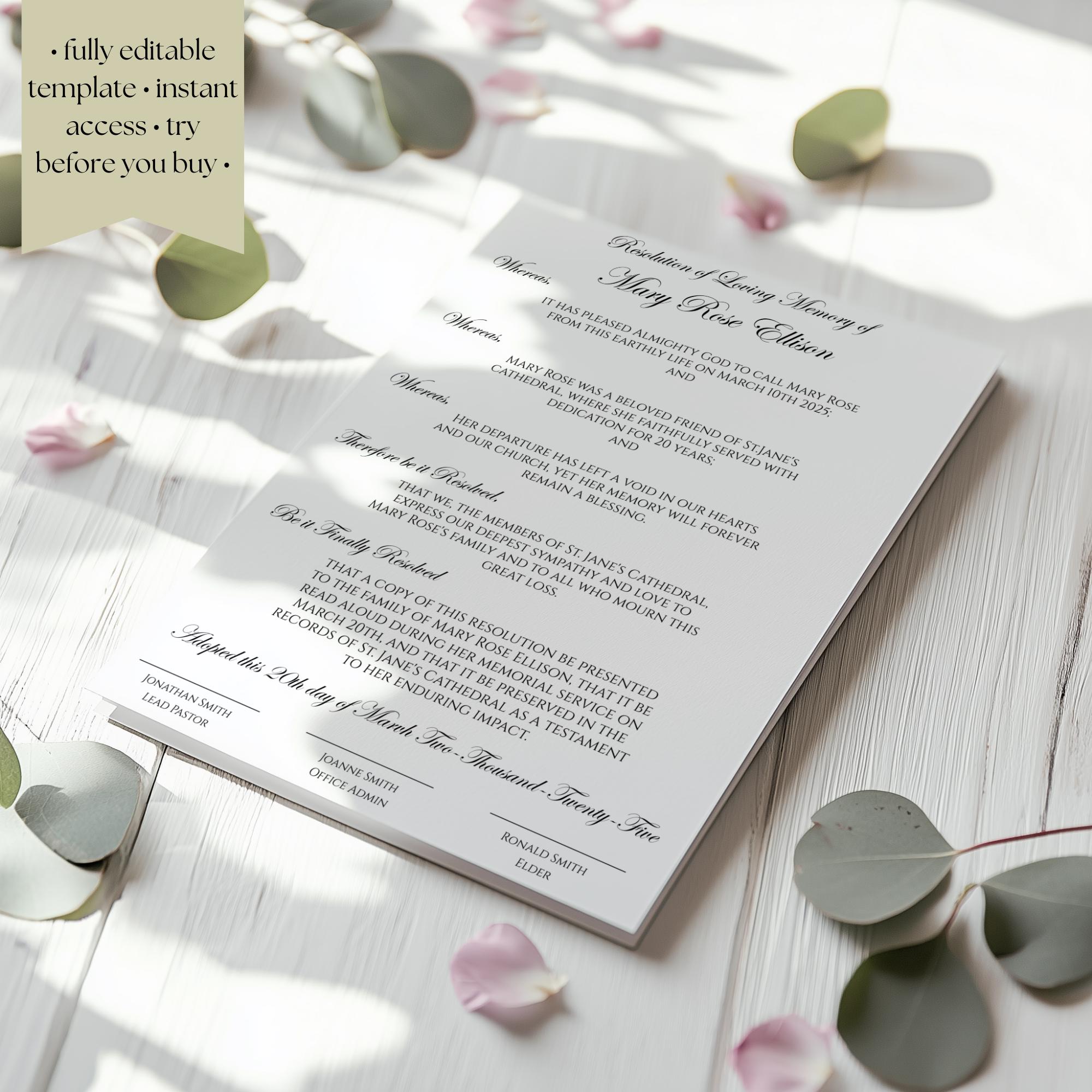 Editable Funeral Resolution Letter Template | Memorial Tribute to ...