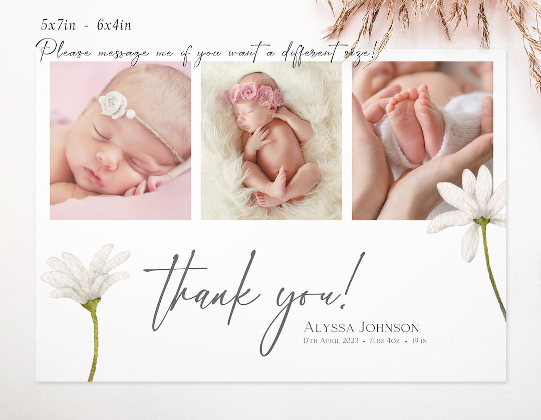 Baby Thank You Card Template, Daisy New Baby Card, Floral Thank You ...