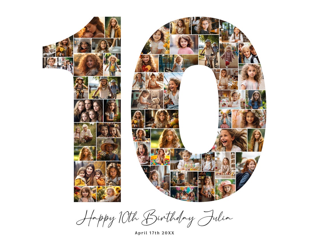 10th Birthday Photo Collage, 10th Birthday Gift, Birthday Number 10 ...