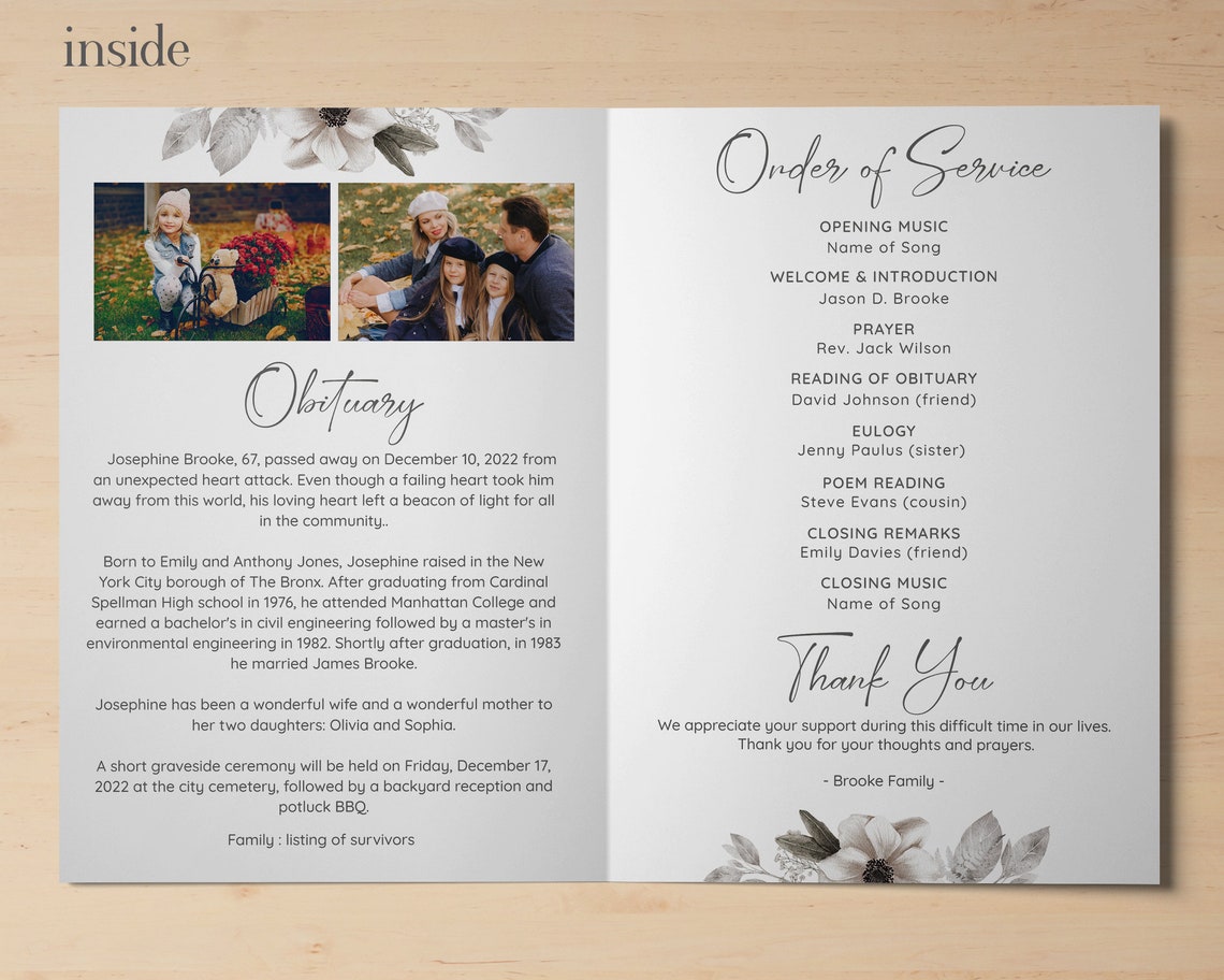 Funeral Program Template, Funeral Service Obituary Celebration of Life ...