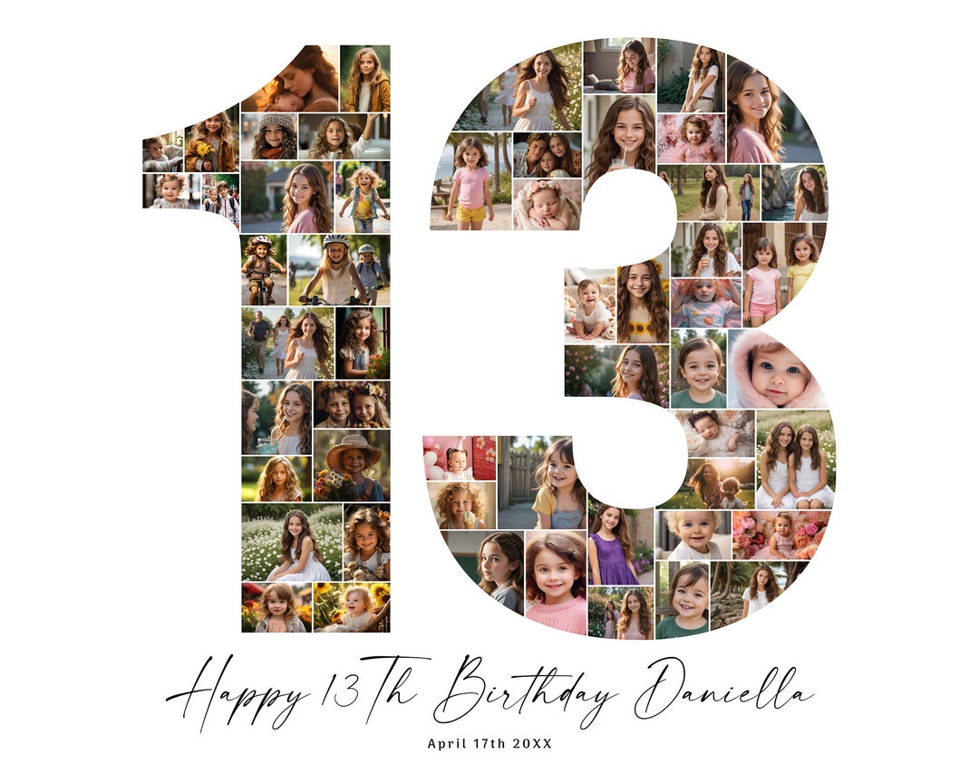 13th Birthday Photo Collage, 13th Birthday Gift, Birthday Number 13 ...