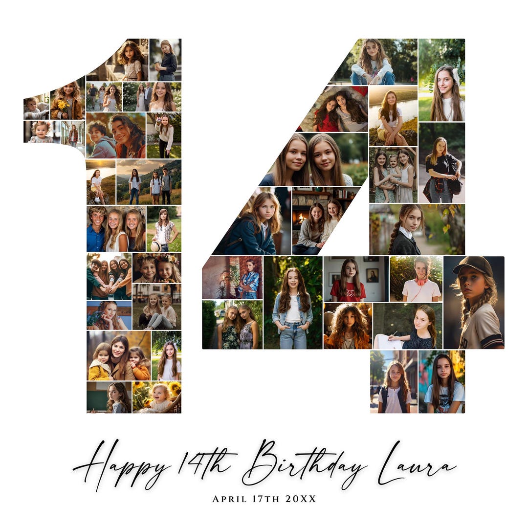 14th Birthday Photo Collage, 14th Birthday Gift, Birthday Number 14 ...