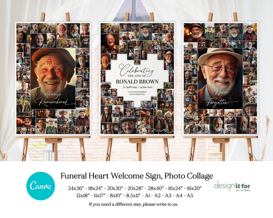 Funeral Heart Photo Collage Sign Set Templates, Funeral Welcome Sign ...