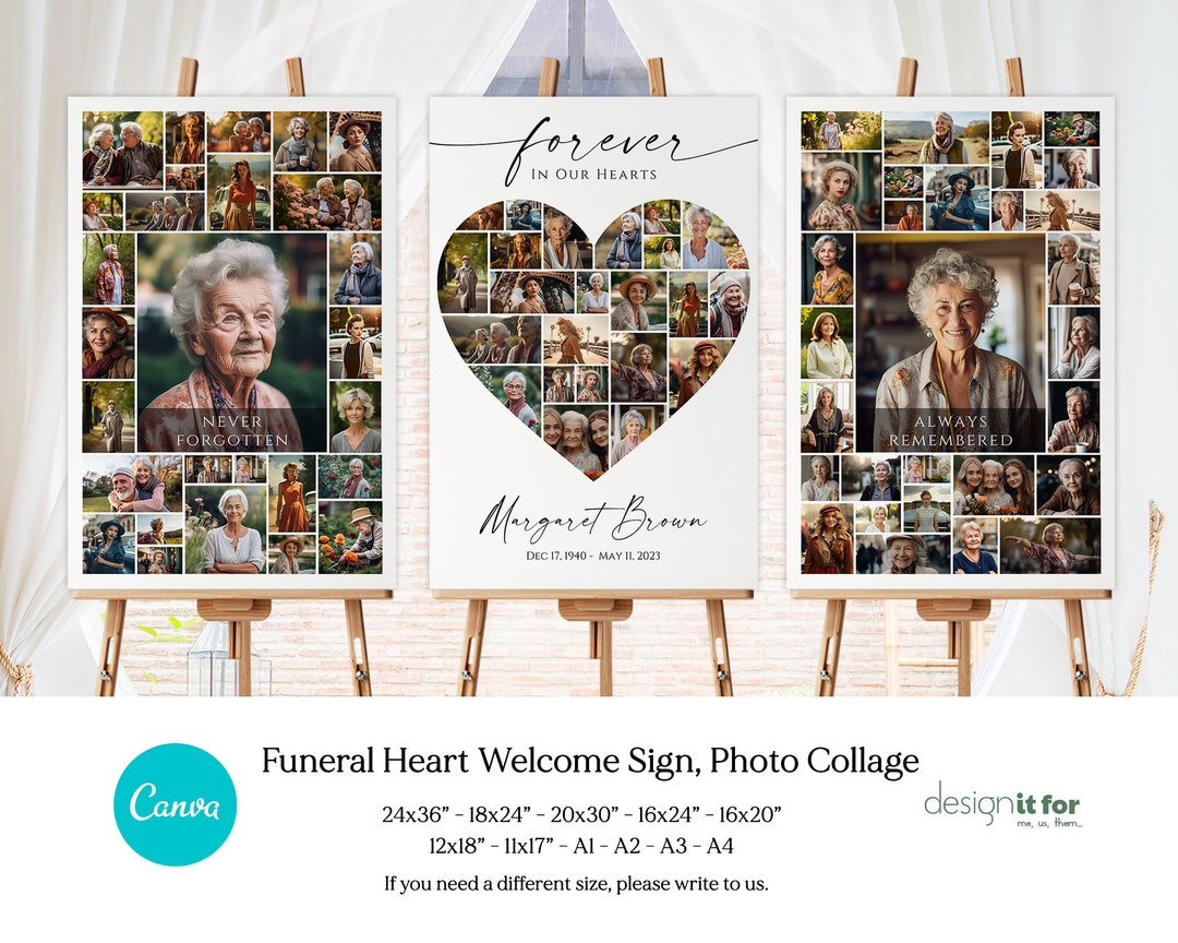 Funeral Poster, Funeral Heart Photo Collage Sign Template Set ...