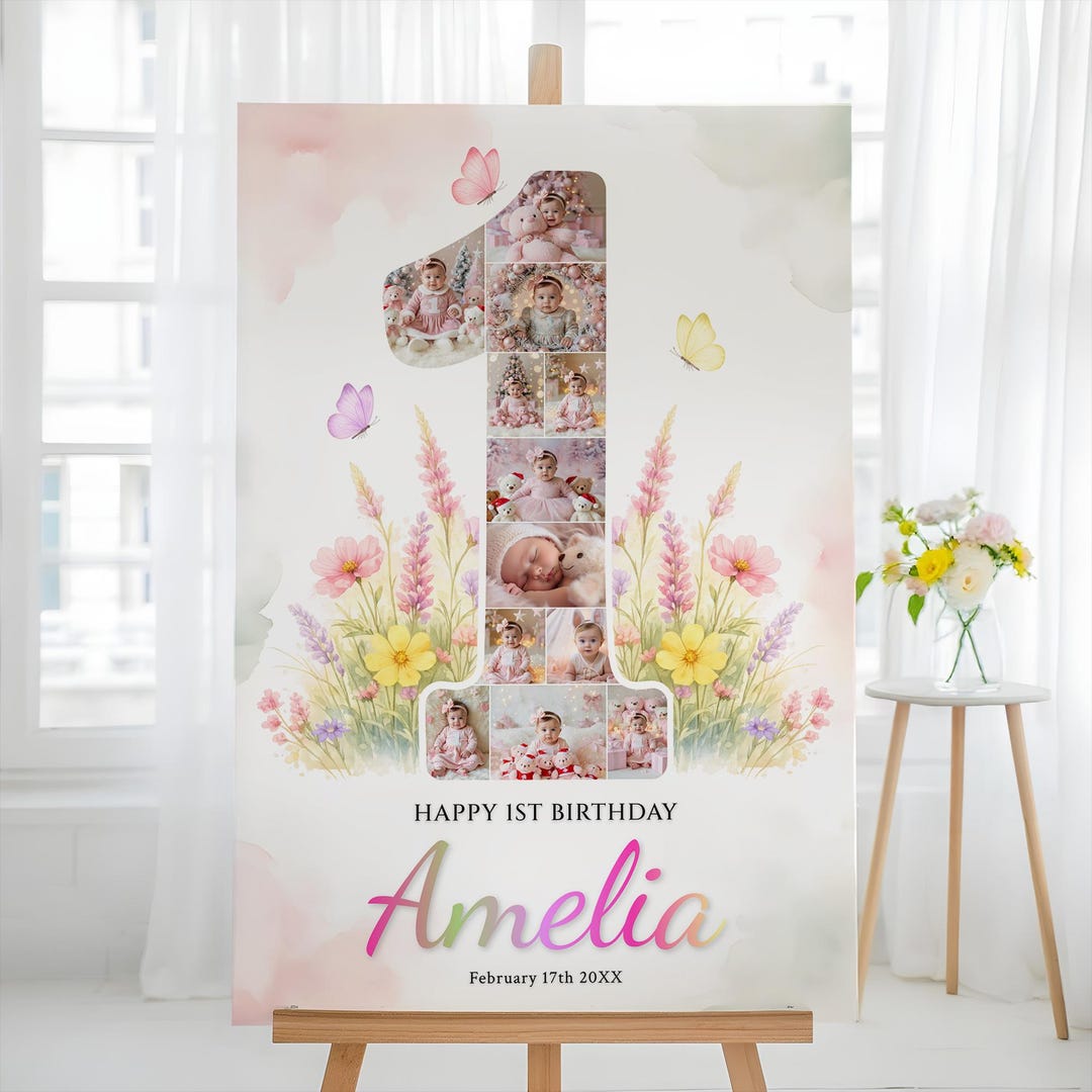Wildflowers 1st Birthday Photo Collage Poster, Floral Number 1 Birthday ...