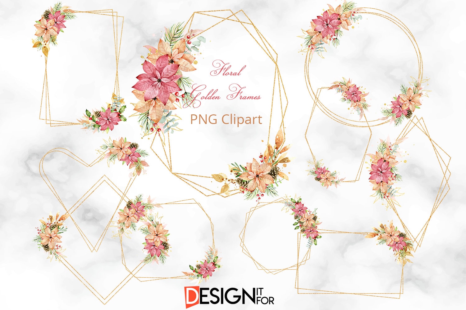 Gold Glitter Frame Clipart Christmas Floral Frame Clip Art - Etsy