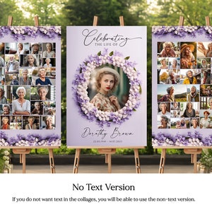 Purple Floral Funeral Photo Collage Sign Template Set, Funeral Welcome ...