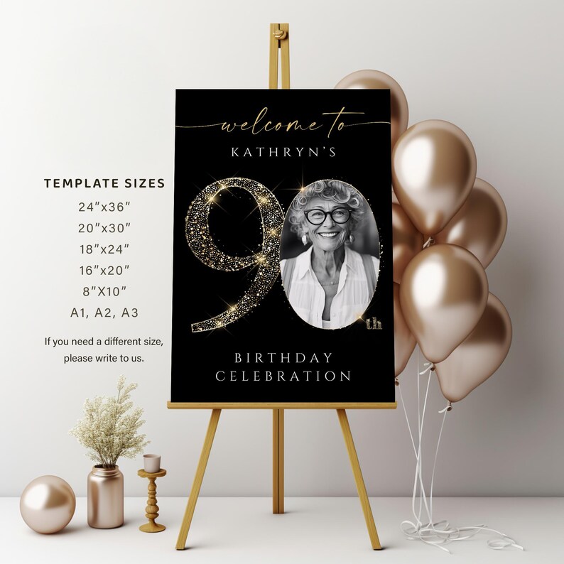 Black and Gold 90th Birthday Welcome Sign Template , Customizable and ...