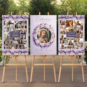 Purple Floral Funeral Photo Collage Sign Template Set, Funeral Welcome ...