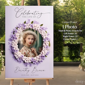Purple Floral Funeral Photo Collage Sign Template Set, Funeral Welcome ...