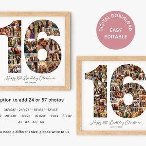 16th Birthday Photo Collage, 16th Birthday Gift, Birthday Number 16 ...