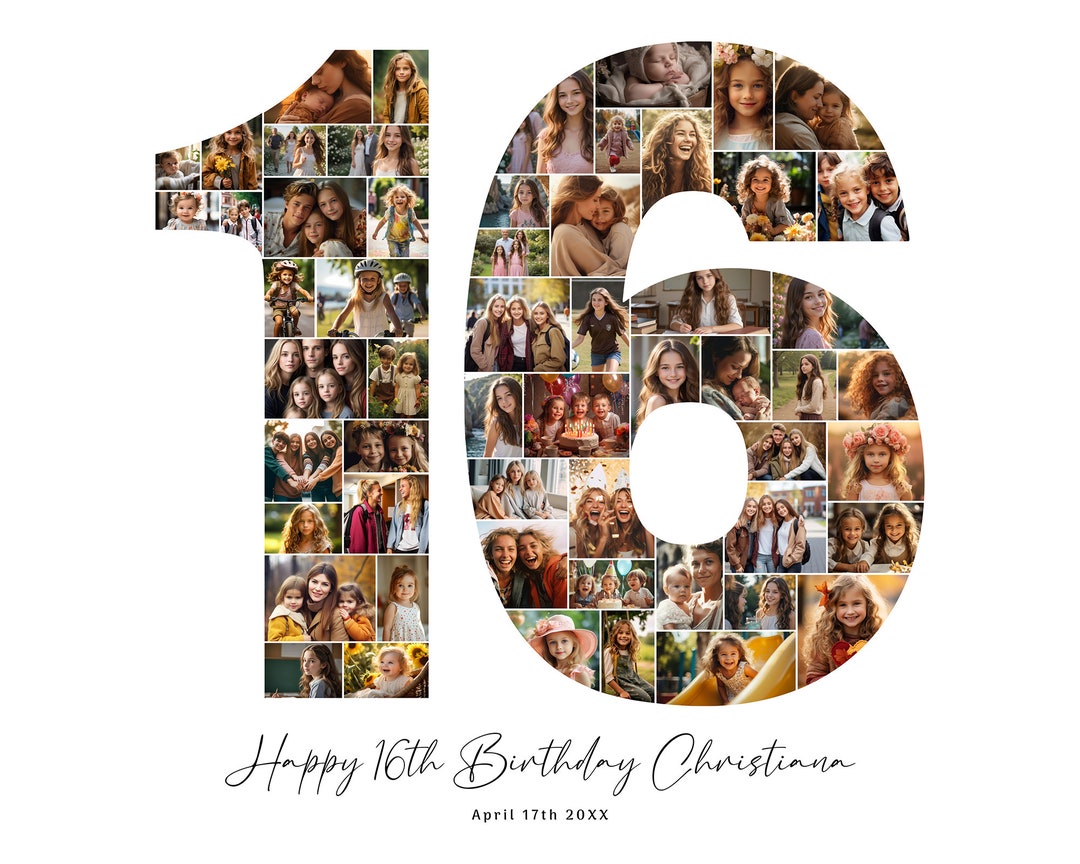 16th Birthday Photo Collage, 16th Birthday Gift, Birthday Number 16 ...