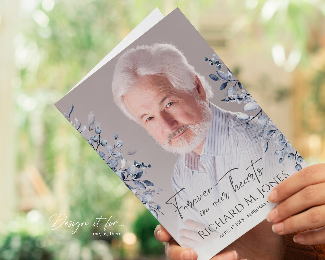 Funeral Program Template for Men, Blue Leaves Memorial Program ...